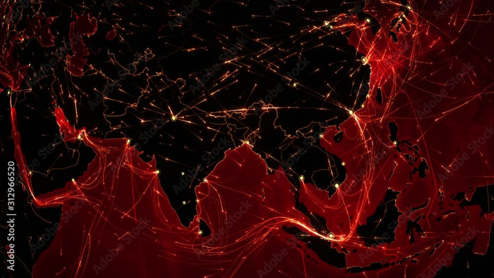 World connections. Asia. Animation of the Earth with bright connections ...