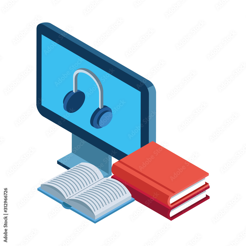 books and computer with headphones on screen Stock Vector | Adobe Stock