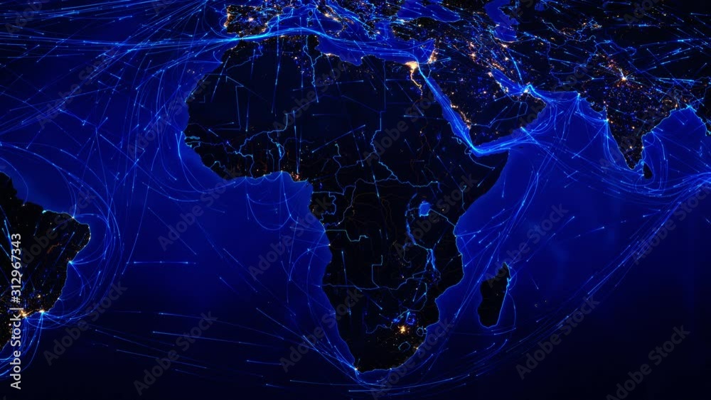 World map with connections. African and European map with bright ...