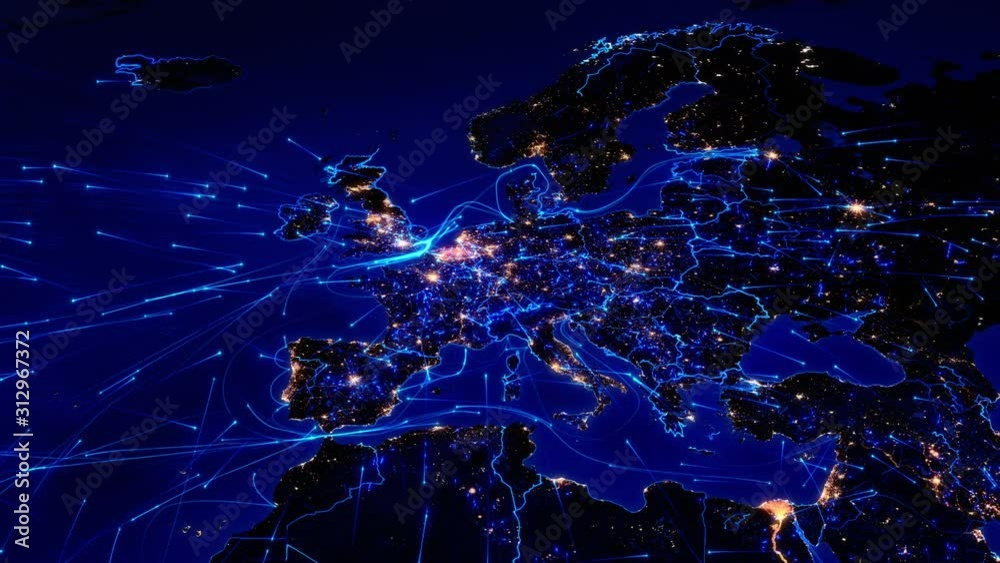 World map with connections. European and Asian map with bright ...