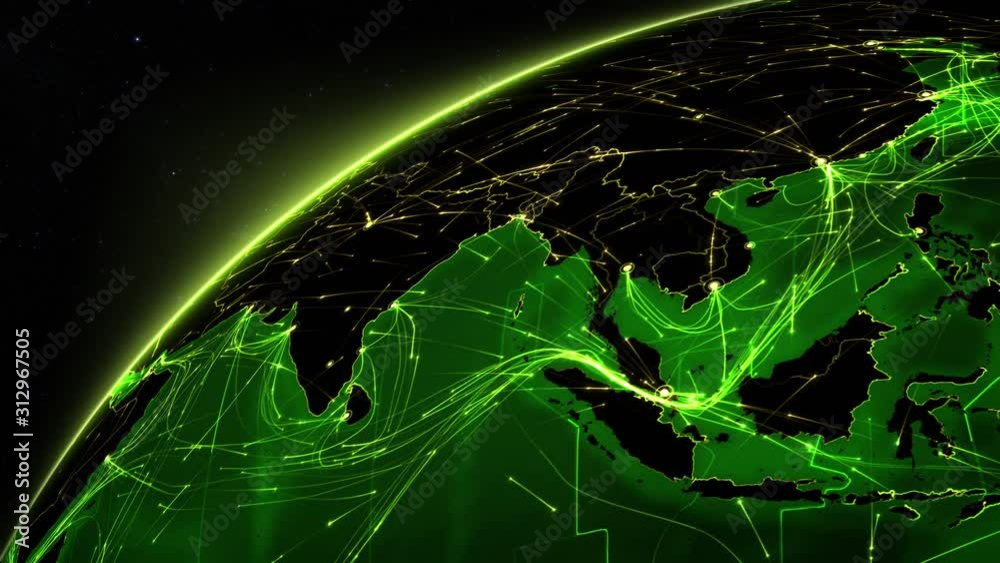 Earth connections. Asia-Europa. Animation of the Earth with bright ...