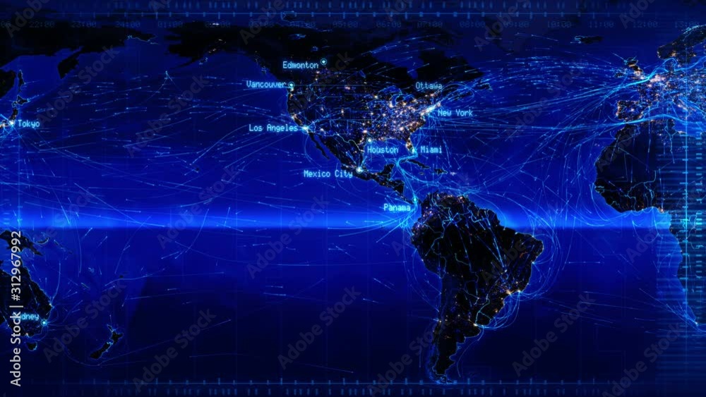 World map with connections and city lights. Loopable world map with ...