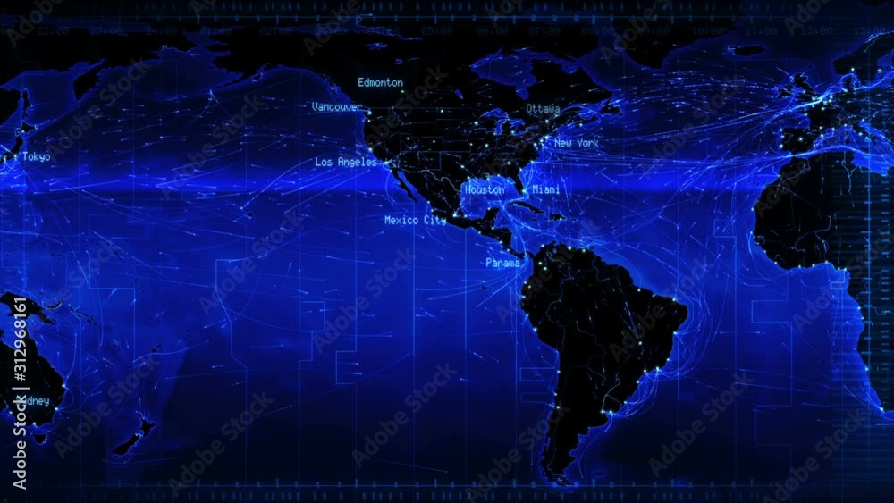 World map with connections and cities. Loopable world map with major ...