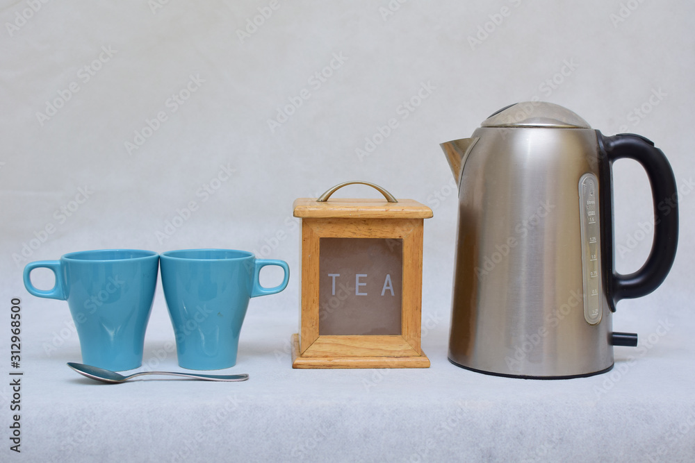 Mockup / design set of colorful Tea or coffee ceramic mug beside wooden ...