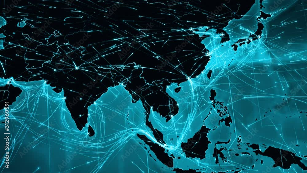 World map with connections. North American and Asian map with bright ...