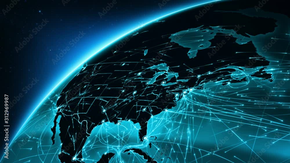 Earth connections. USA. Animation of the Earth with bright connections ...