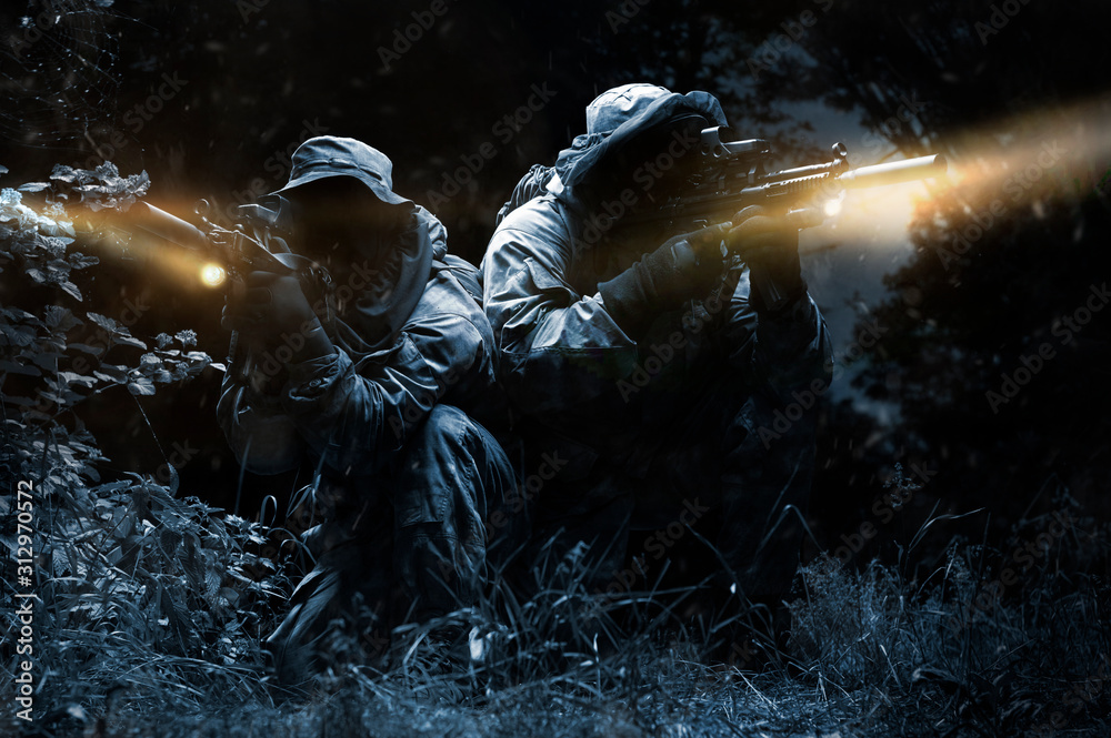 Two fighters of a special unit move through the forest at night. The ...