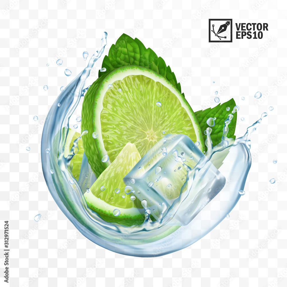 3D realistic transparent vector circle splash mojito, Ice cubes, mint leaves, water splash and ...