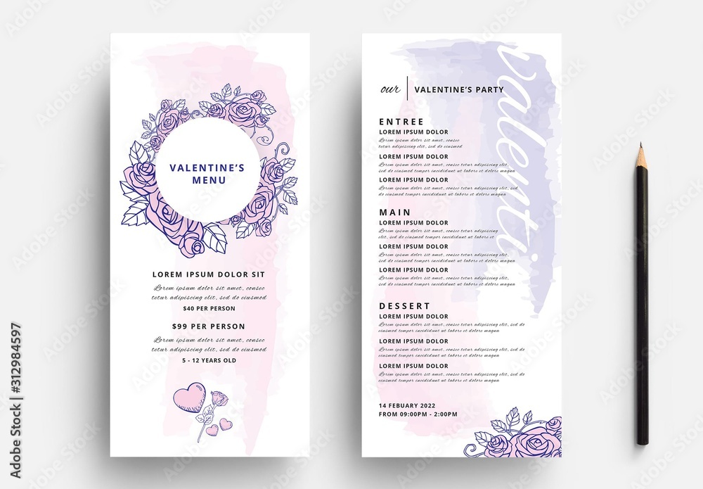 Valentine's Day DL Menu Layout with Elegant Purple Rose Illustrations ...