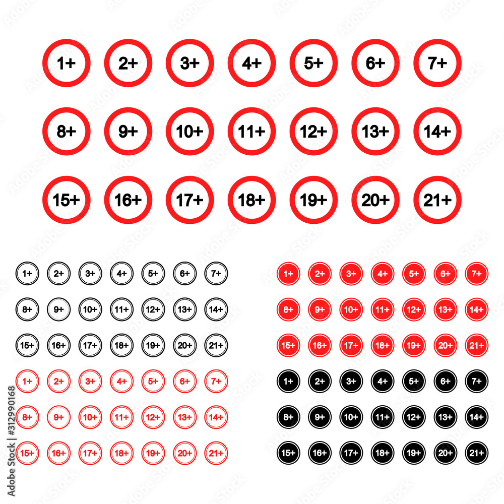 Signs of age restriction. Age limit concept. Warning Signs Set Stock ...