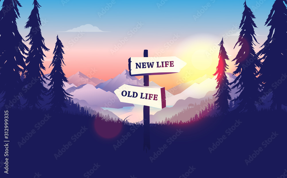 Choose a life direction, new life or old life. Crossroad signpost ...