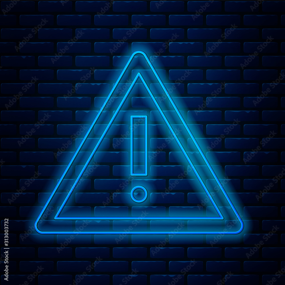 Glowing neon line Exclamation mark in triangle icon isolated on brick ...