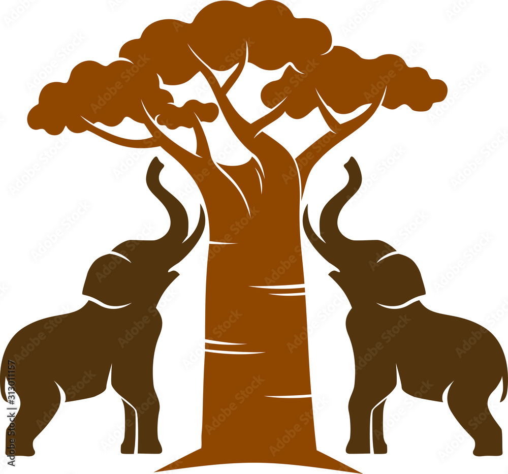 Big tree and two elephants Stock Vector | Adobe Stock
