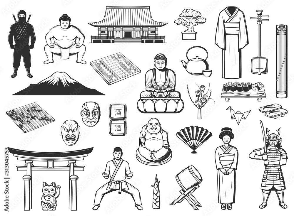 Japanese culture, travel and food sketches. Vector sushi, pagoda temple ...