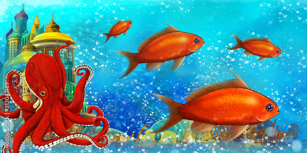 cartoon scene with fishes in the beautiful underwater kingdom coral ...