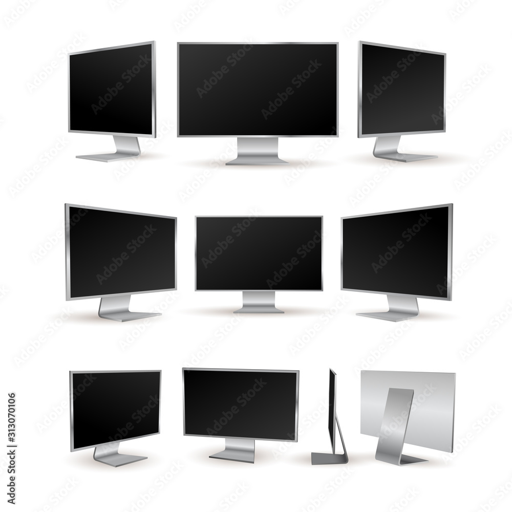 Set of Modern all-in-one desktop personal computers with blank front ...