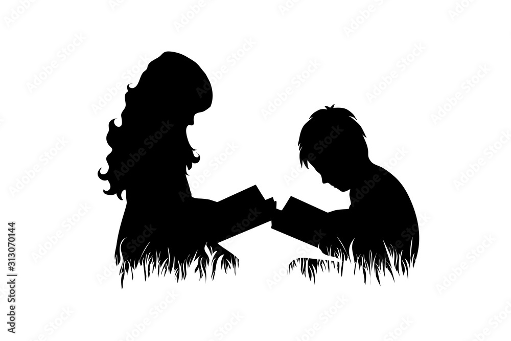 Vetor de Vector silhouette of siblings sitting in the grass and reading ...