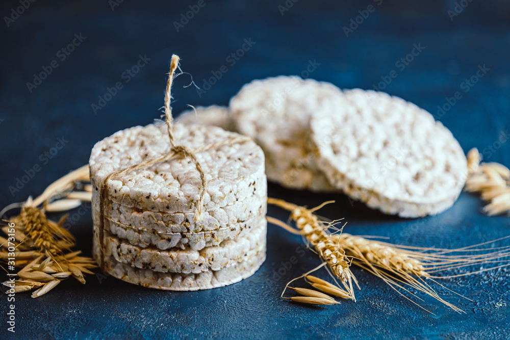 Stack of rice cakes. American puffed rice cakes. Healthy snacks with ...