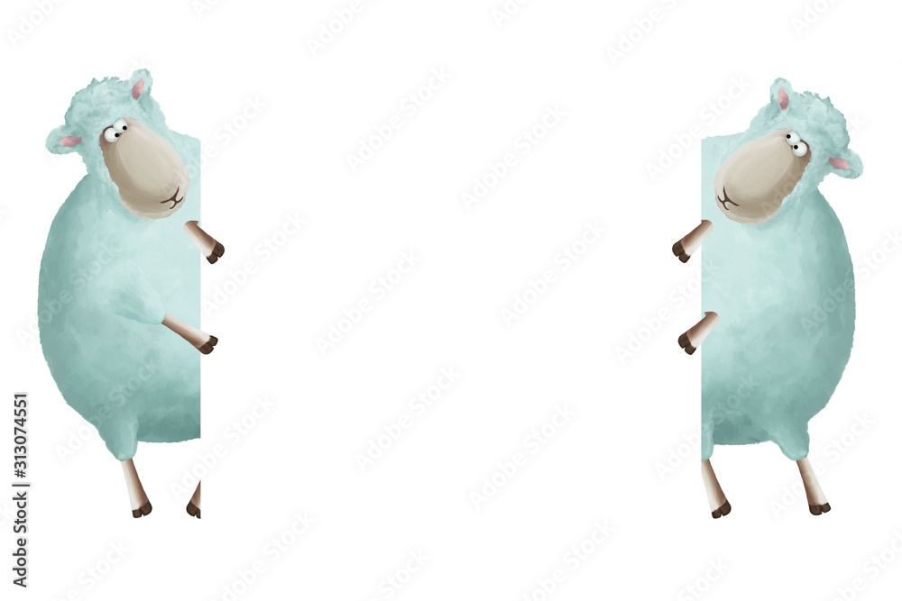 Two sheeps holding a frame. Universal card template. Empty blank, frame ...