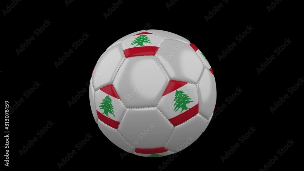 Lebanon flag on a flying and rotating soccer ball on a transparent ...
