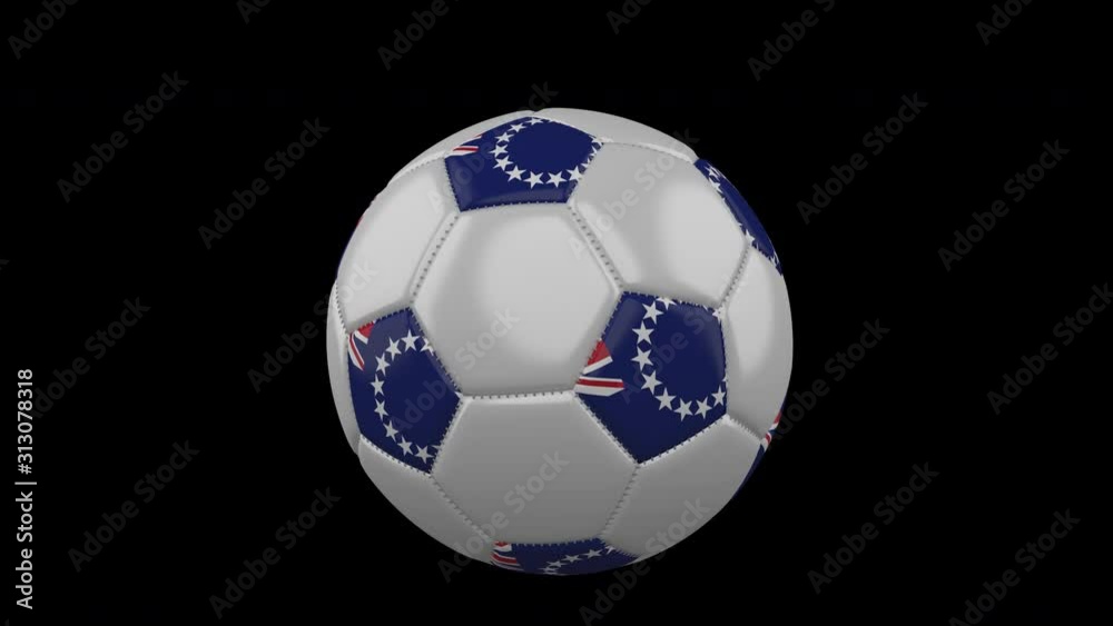 Cook Islands flag on a flying and rotating soccer ball on a transparent ...