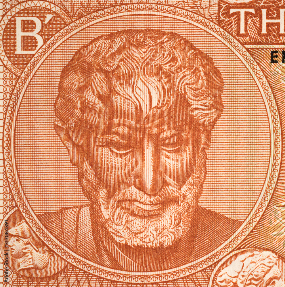 Aristotle portrait on 10000 Greece drachma banknote close up. Famous ...