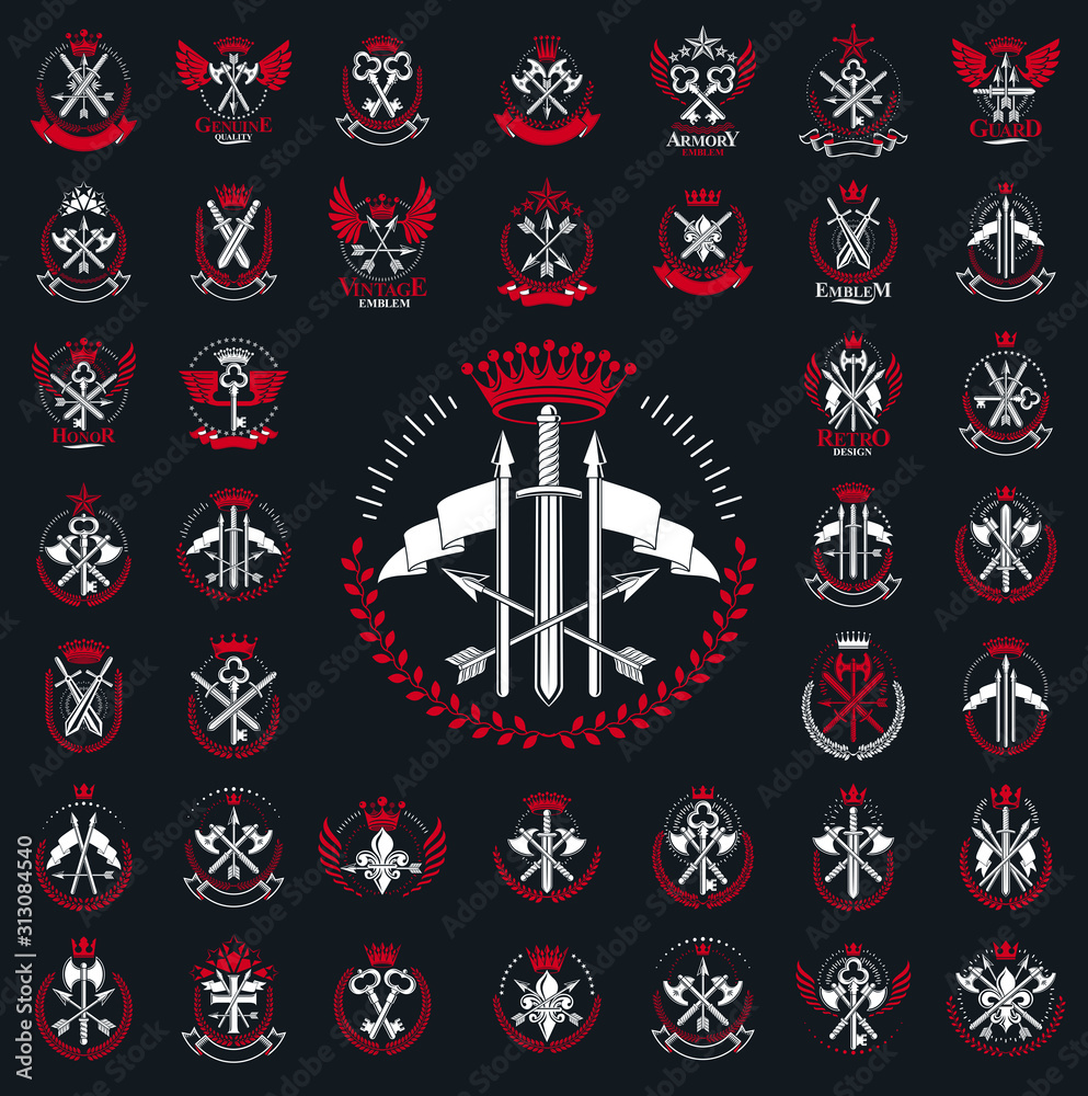 Weapon logos big vector set, vintage heraldic military emblems ...