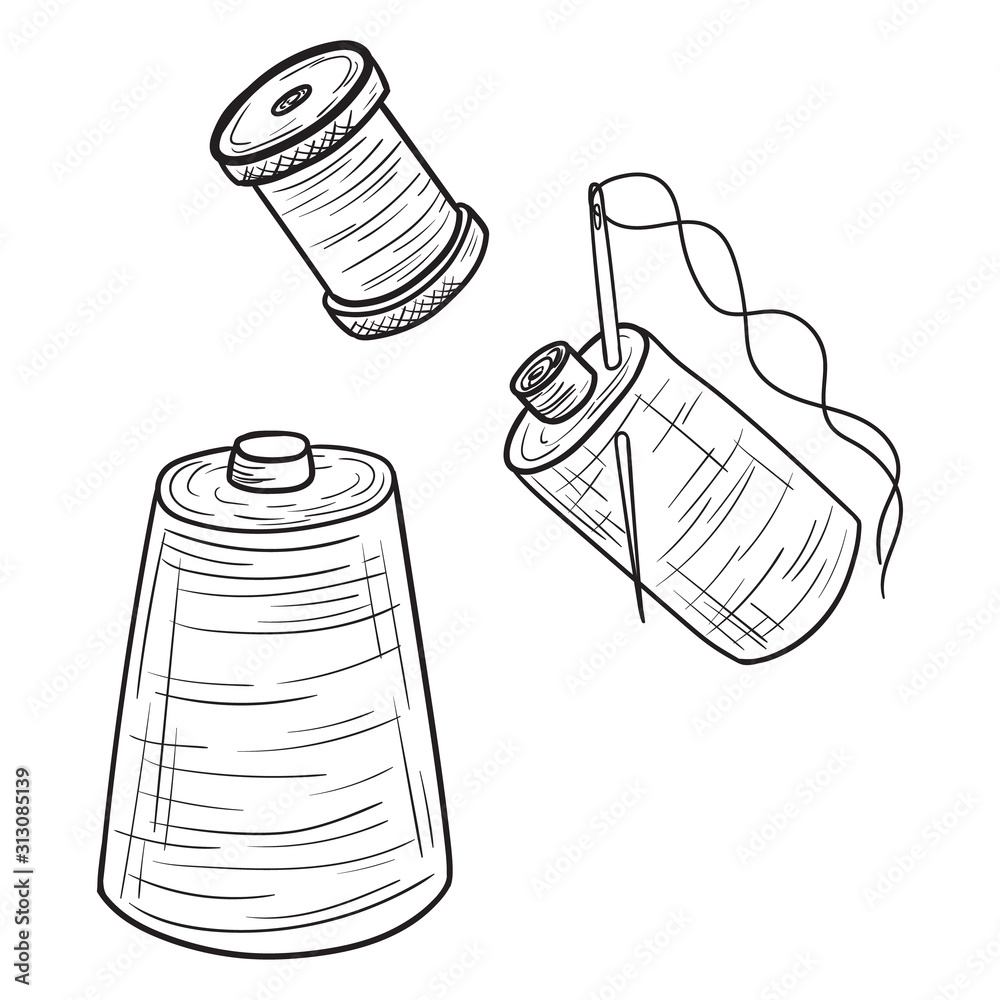 Vector black-and-white hand drawn illustration of sewing thread bobbins ...