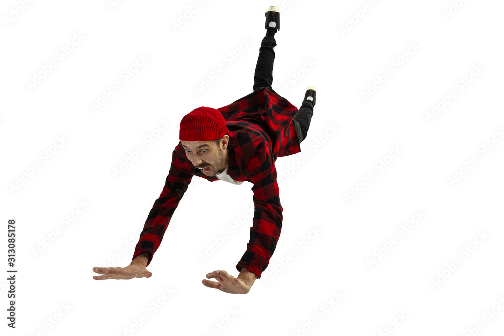 A second before falling. Caucasian young man falling down in moment ...