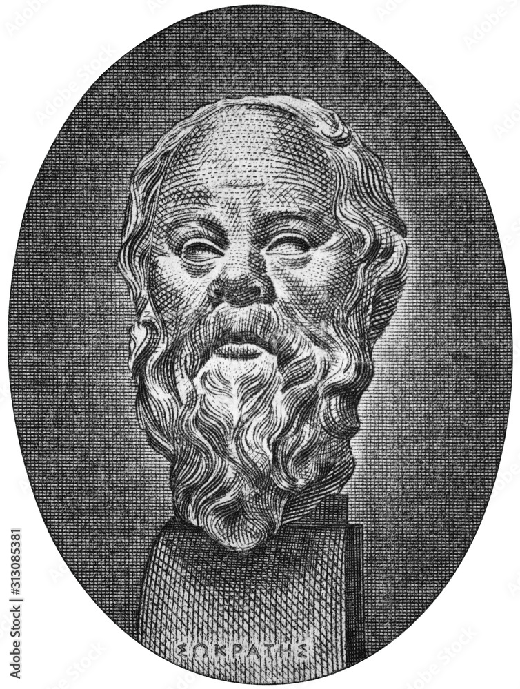 Socrates portrait on Greece 500 drachma (1955) banknote, isolated on ...