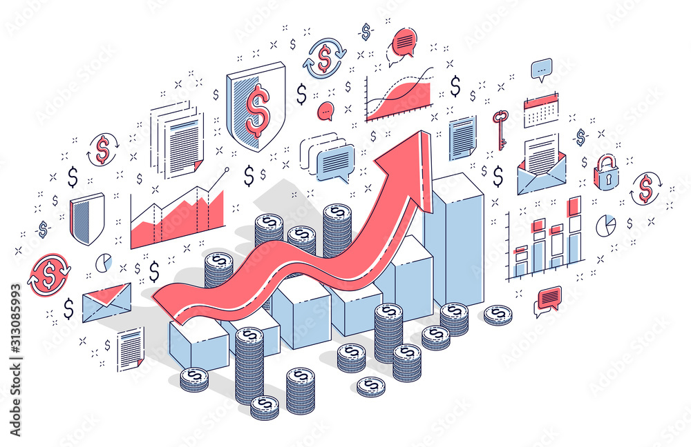 Success and income increase concept, growth chart stats bar with cash ...