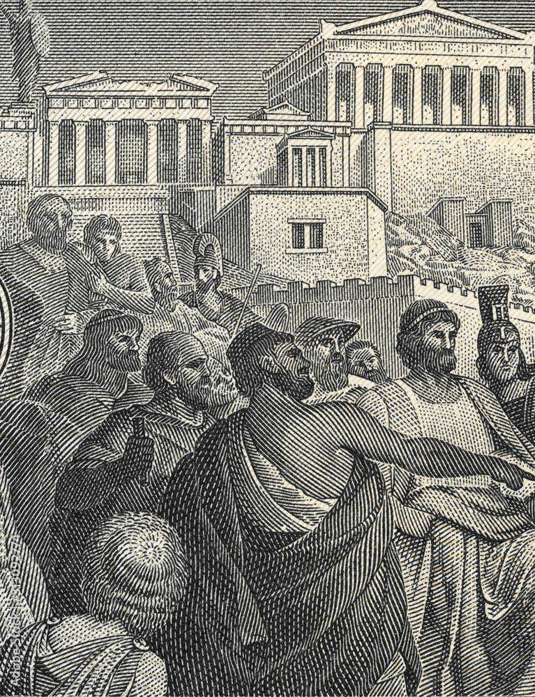 Ancient greek people Athens at on old Greece 50 drachma (1955) banknote ...