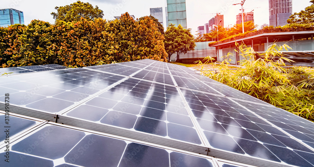 Ecological energy renewable solar panel plant with urban modern ...