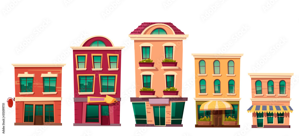 Urban retro residential buildings with small shops and cafe, set ...