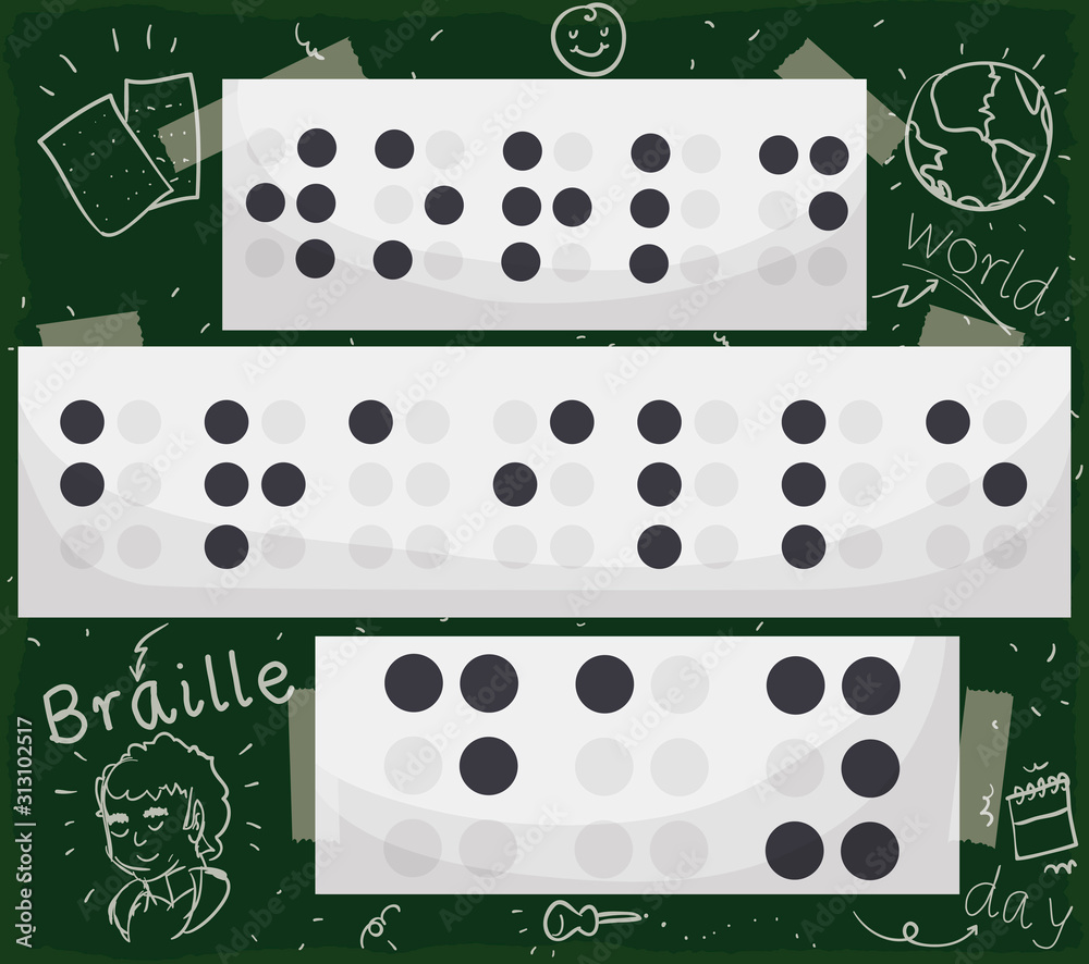Chalkboard with Doodles and Message for World Braille Day, Vector ...