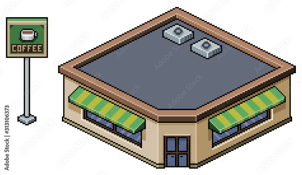 Pixel art isometric cafeteria, building in town for game 8bit 16bit ...