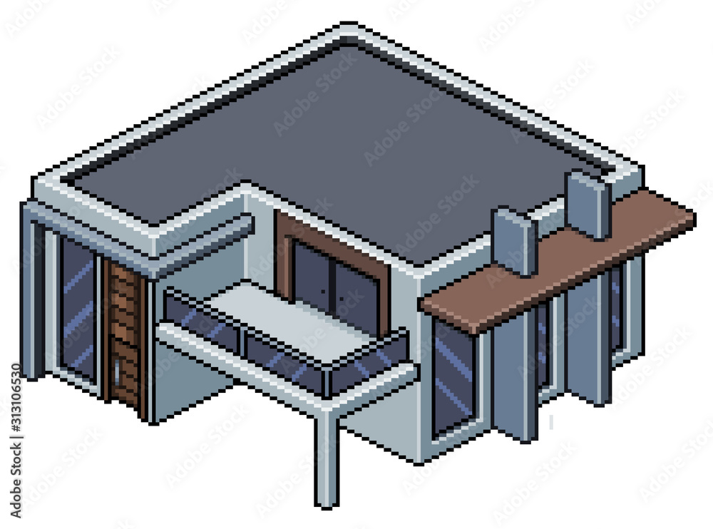 Pixel Art Isometric Modern House 8 Bit 16 Bit Ilustración De Stock