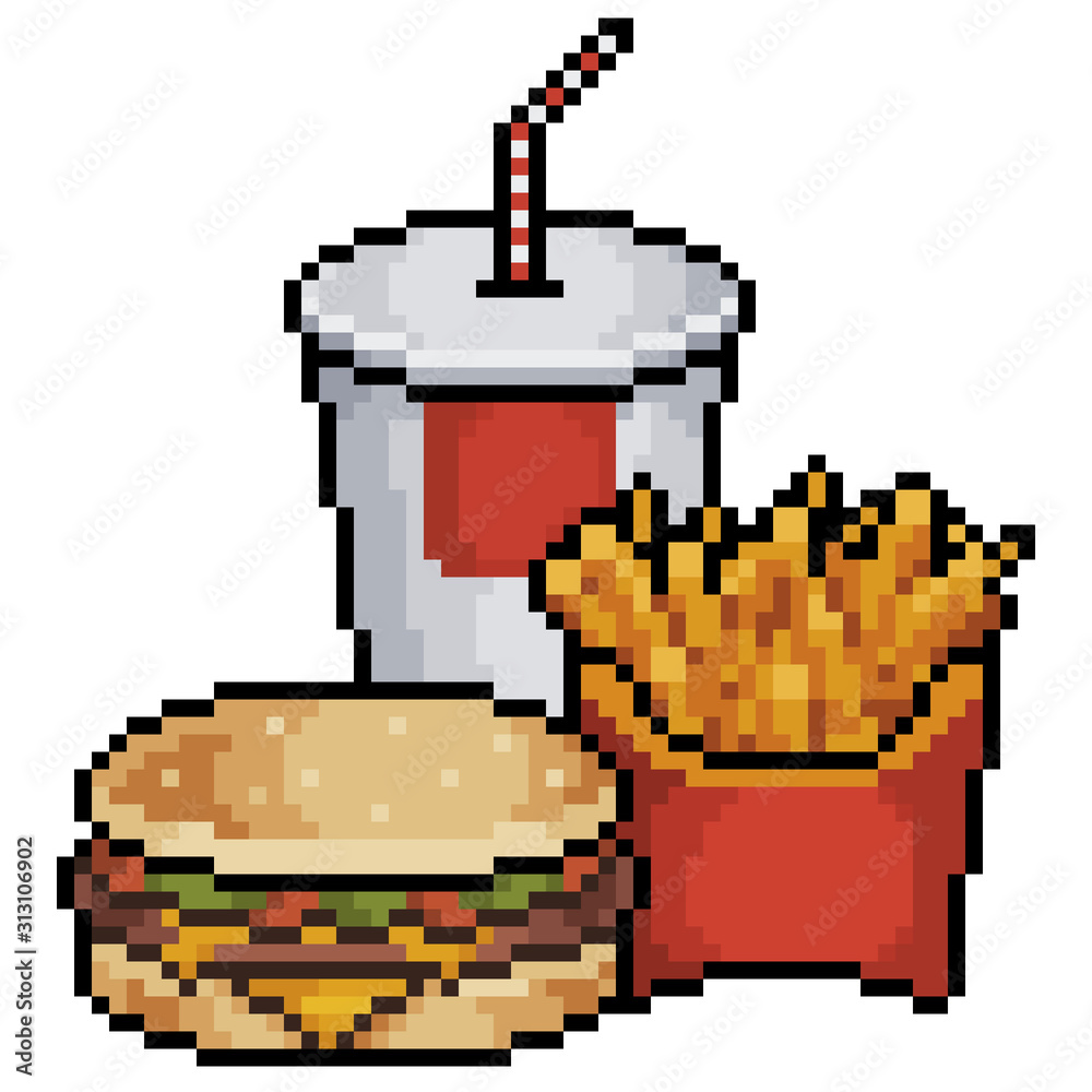 Pixel art hamburger, soda and french fries 8bit Stock Illustration ...