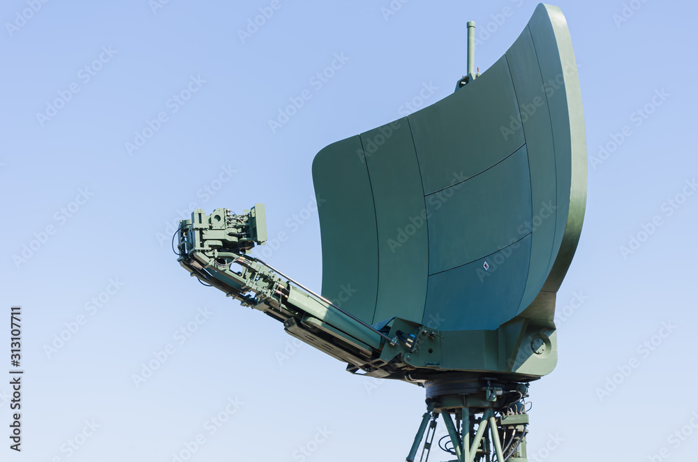 Military air defense radar station, modern army industry, white blue ...