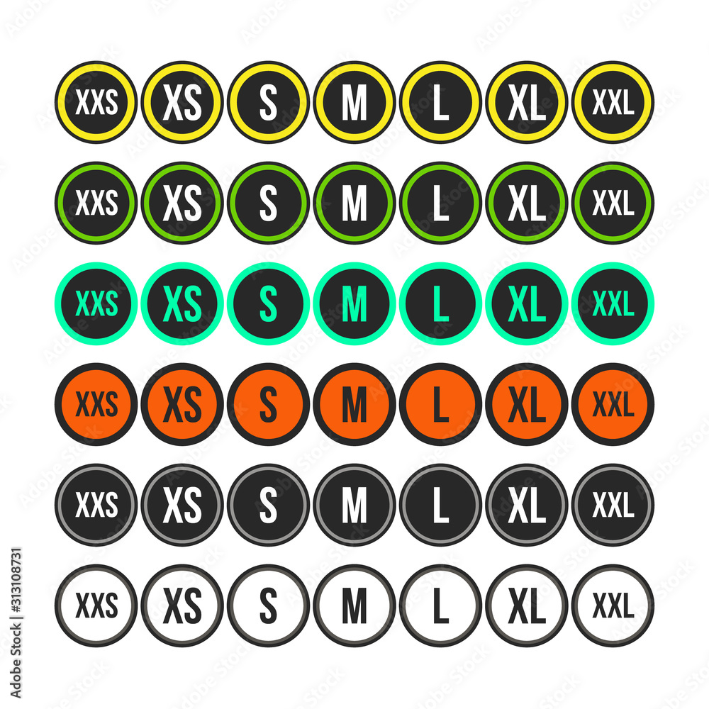 Set of labels, gradation of clothing size. XXS, XS, S, M, L, XL, XXL. Seven options and designs ...