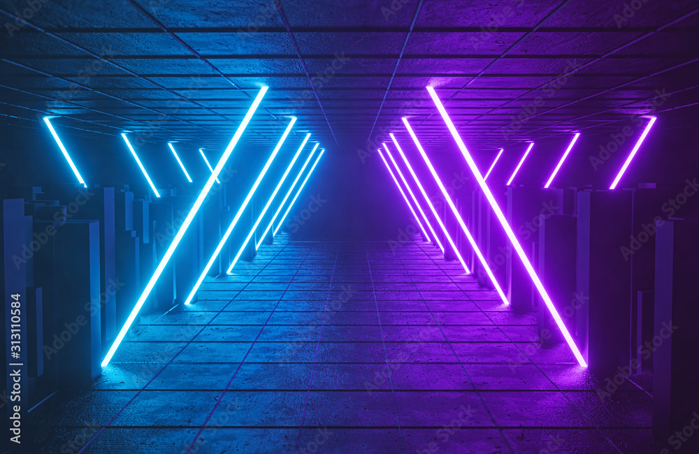Sci Fi Futuristic Glowing violet and blue neon lights tunnel abstract ...