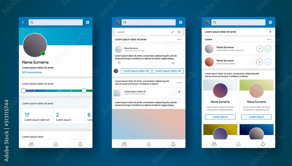 Mobile app interface inspired by linkedin style. Social media CV or ...