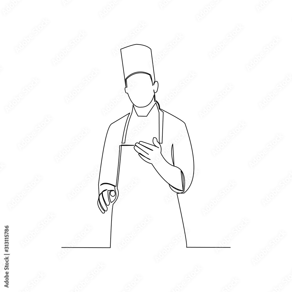 continuous line drawing of chef with apron and chef hat vector ...