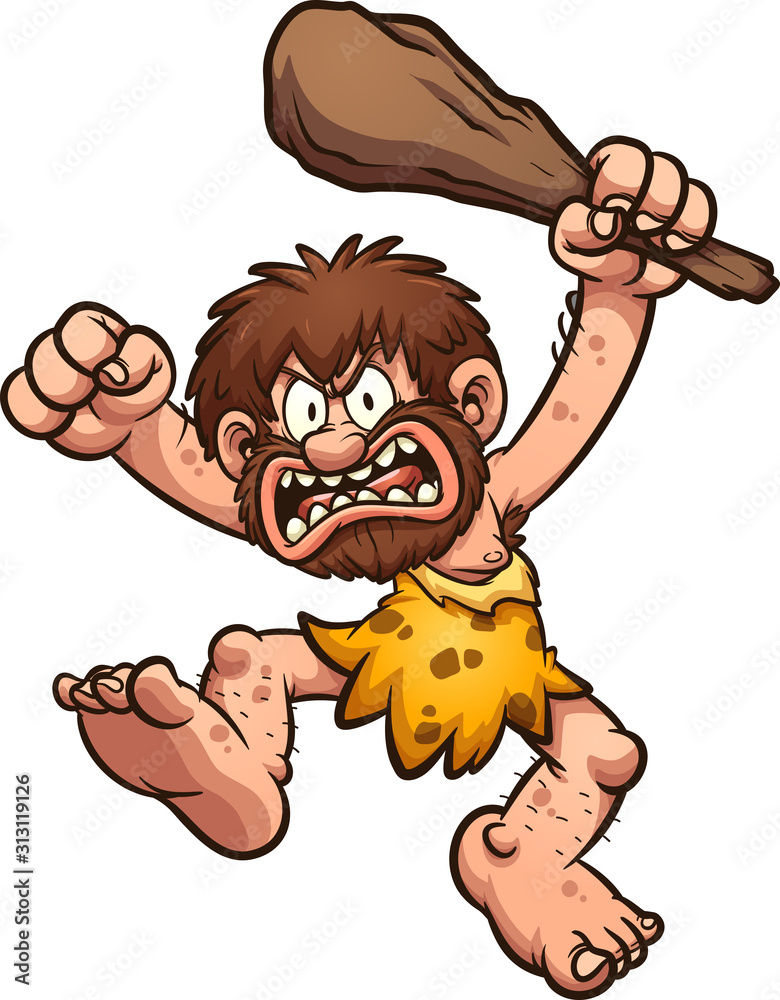 Angry caveman waving a big club over his head clip art. Vector cartoon ...