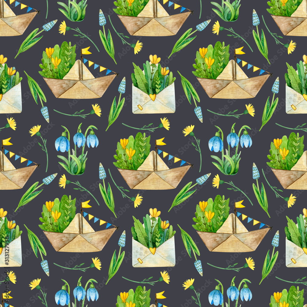 Watercolor bright summer pattern yellow and blue abstract flowers ...