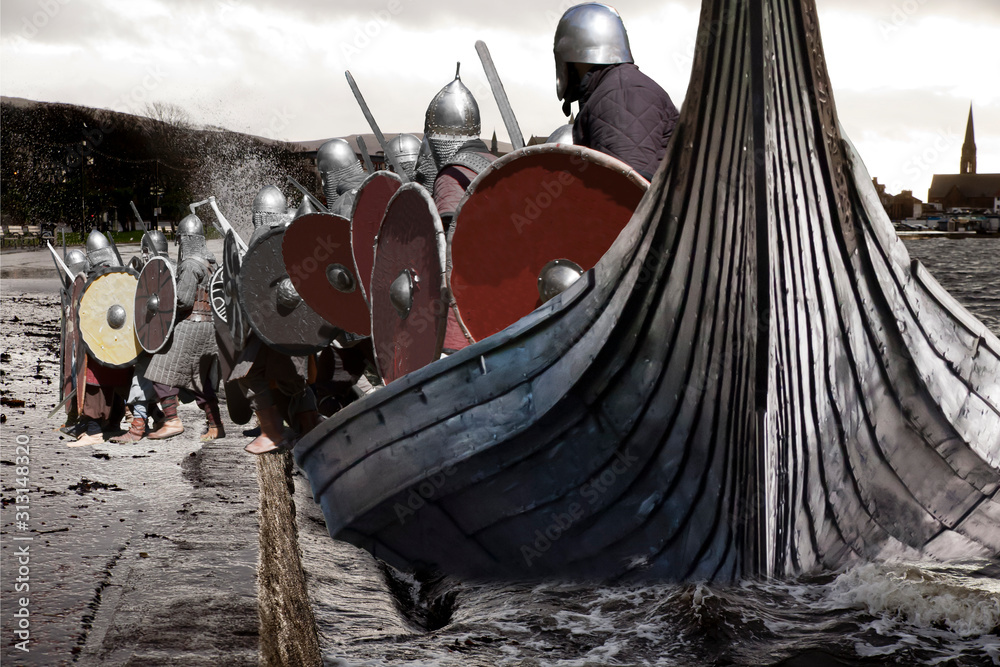 Viking invasion of the Scottish town of Largs. Contemporary staging of ...