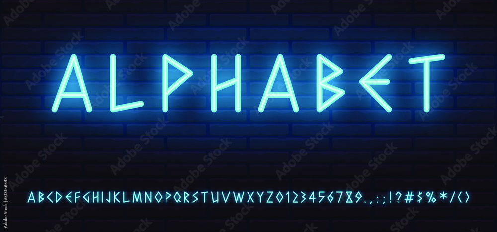 blue neon font greek style. letters, numerals, signs, symbols and icons ...