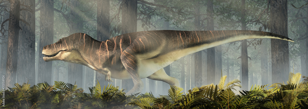A fat tyrannosaurus rex stands in a prehistoric forest. The most ...