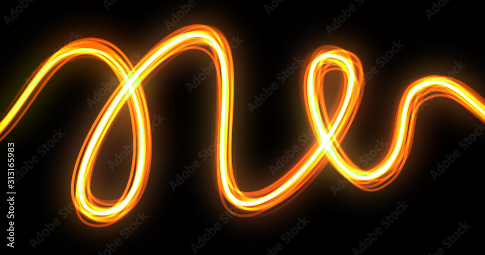 Light wave trail effect with neon glow spiral trace path, yellow and ...