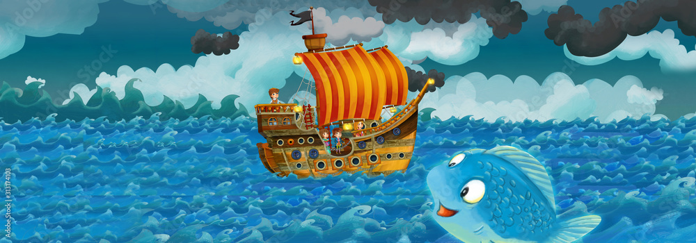 Cartoon scene with old ship sailing during storm with fish watching ...